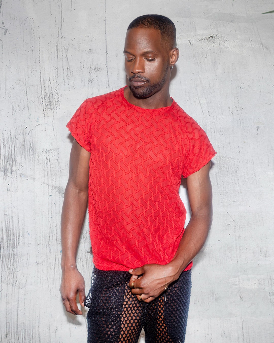 Men's Bright Red Sheer Chiffon Shirt With Wavy Textured Pattern - Etsy