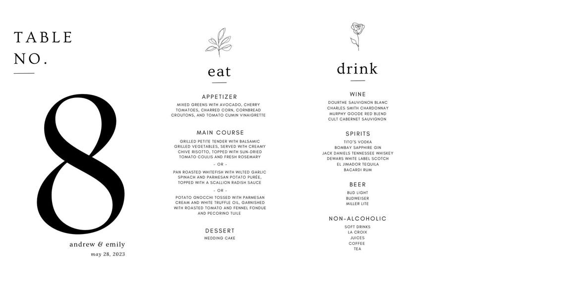 Simple, Modern Tri-fold Wedding Menu | Fully Customizable Digital ...