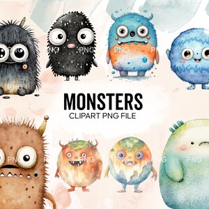 10 Cute Little MONSTER Clipart With Watercolor Illustration BA130 - Etsy