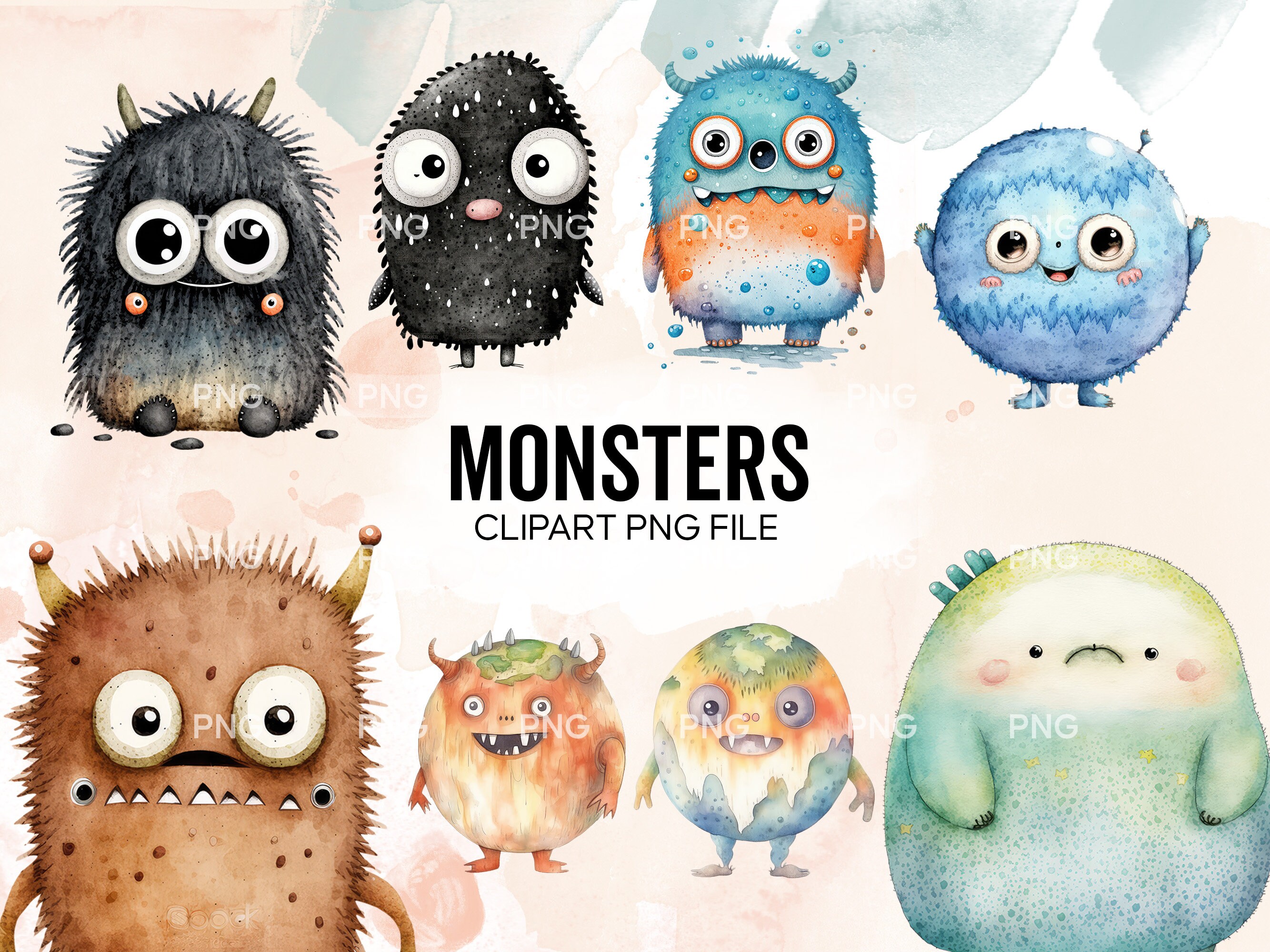 10 Cute Little MONSTER Clipart With Watercolor Illustration BA130 - Etsy