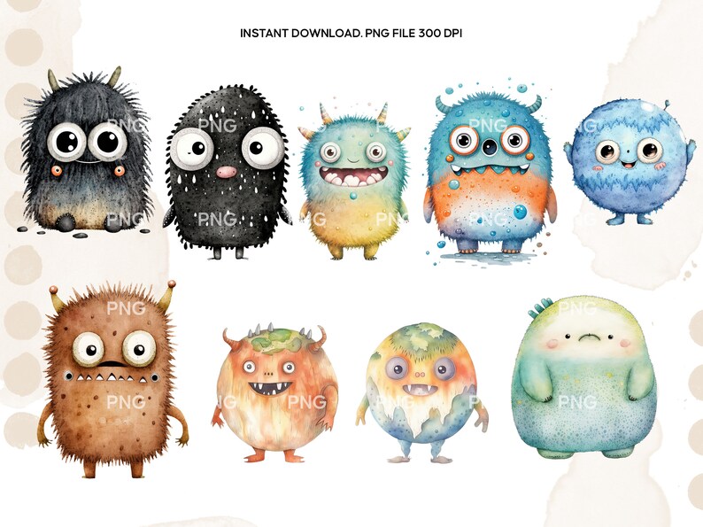 10 Cute Little MONSTER Clipart With Watercolor Illustration - Etsy