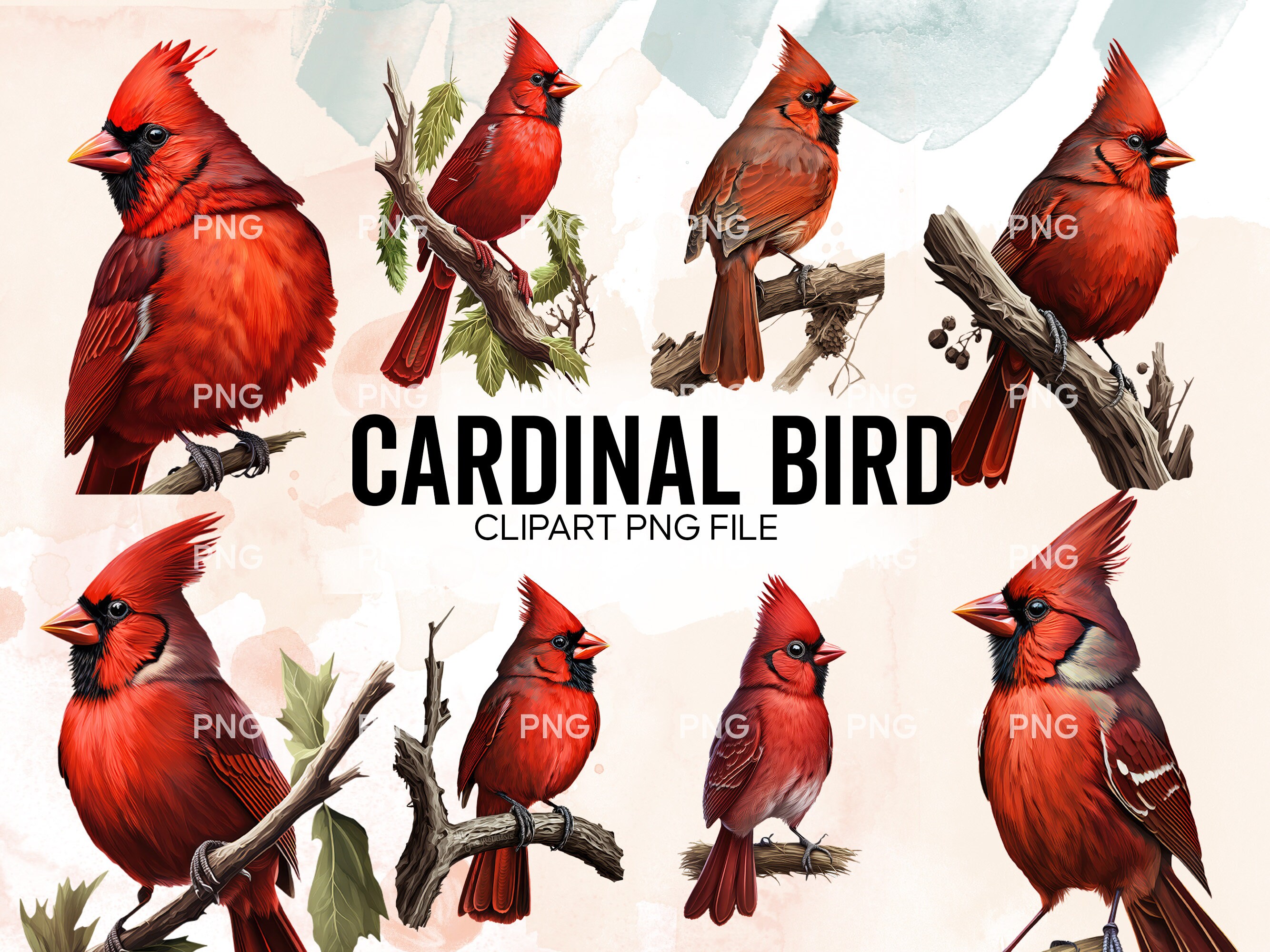 Watercolor Red Cardinal Clipart: Colorful PNG Image With Commercial ...
