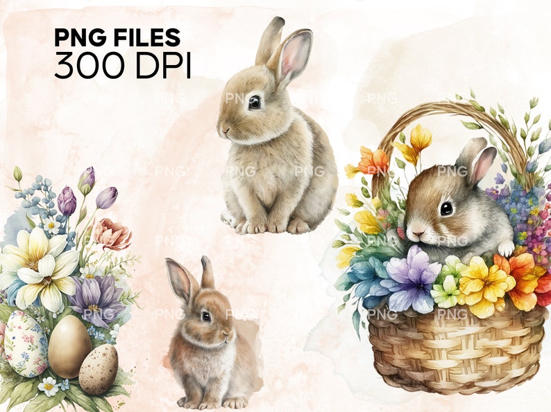 Watercolour Pastel Easter Clipart Easter Bunnies PNG Digital - Etsy