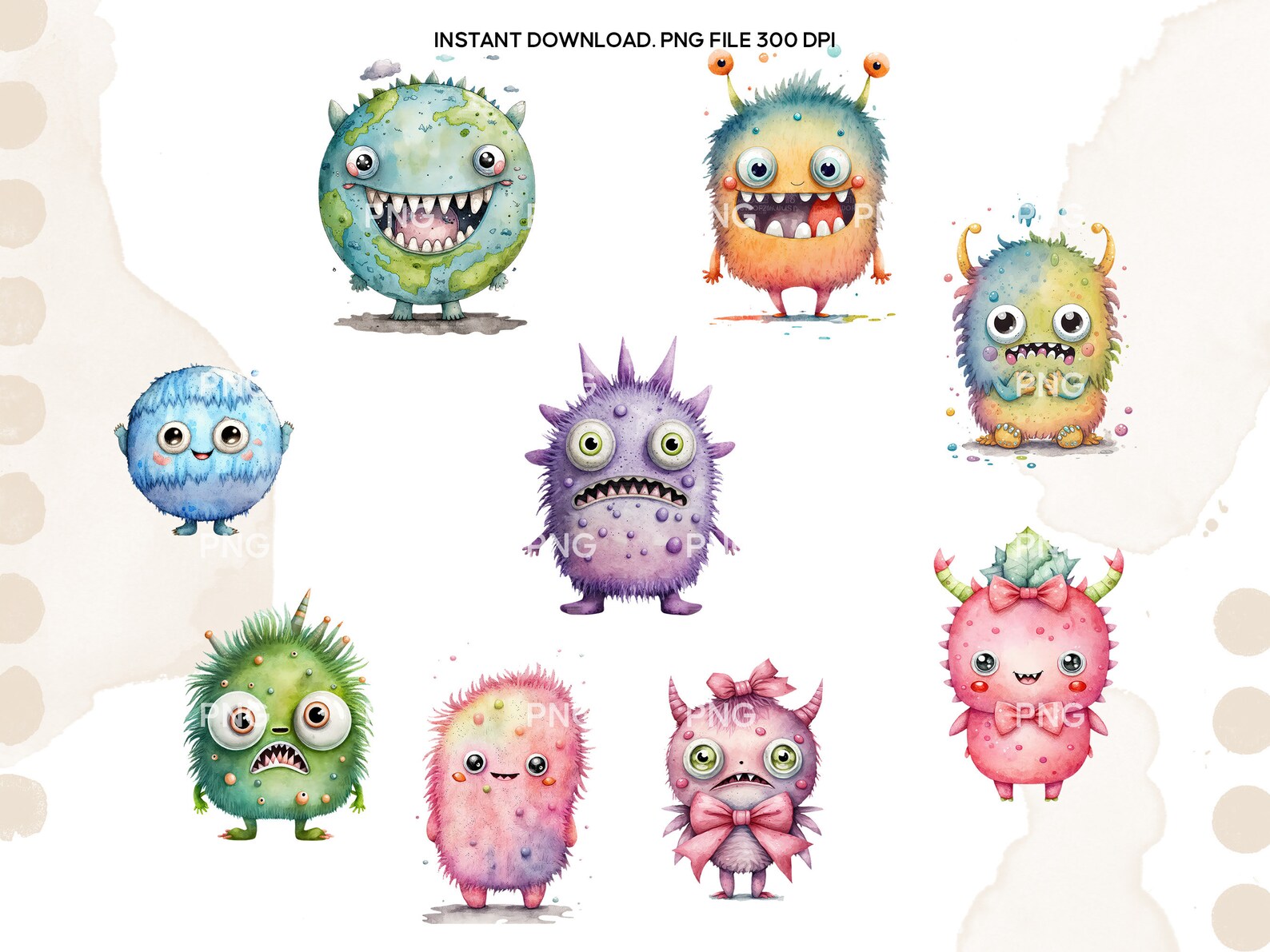 9 Cute Little MONSTER Clipart With Watercolor Illustration BA131 - Etsy