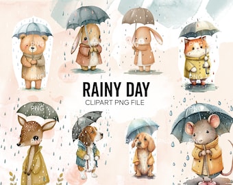 Rainy Day. Watercolor Baby Animals Clipart, Elephant, Bear, Owl ...
