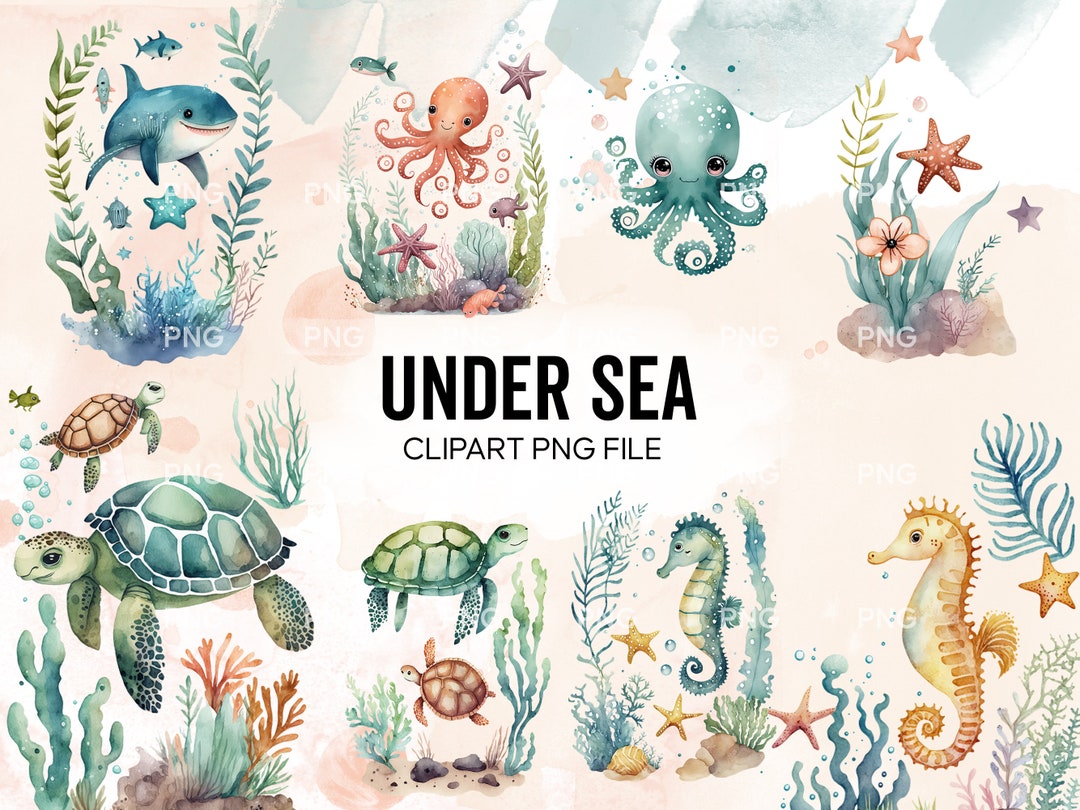 10 Watercolour Under Sea Clipart Set With Dolphins PNG Mermaid, Sea ...