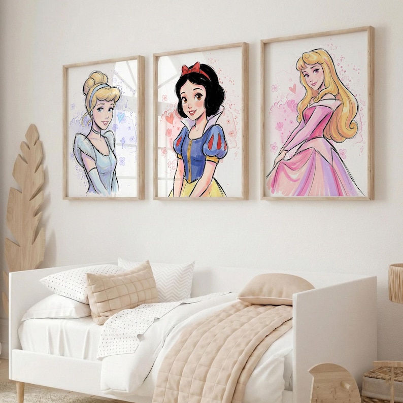 Princess Wall Art Set of 6 Featuring Snow White, Cinderella, Aurora ...