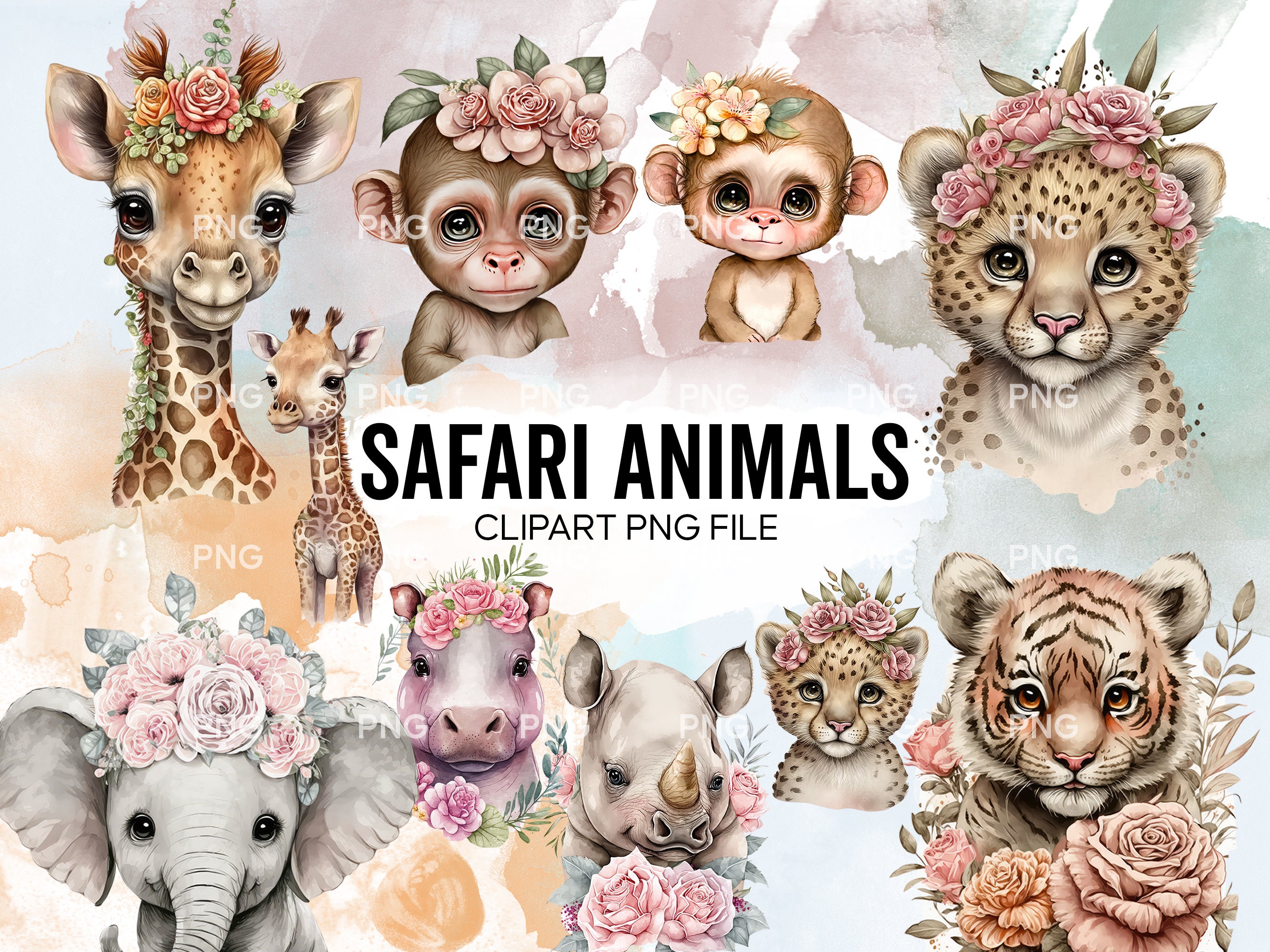 Watercolour Baby Safari Animals Clipart African Animals PNG Digital ...