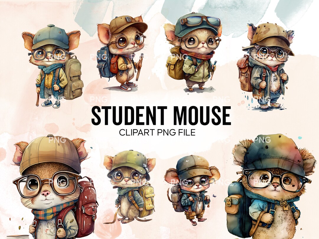 Watercolor Student Mouse Clipart Pngs for Digital Art - Etsy
