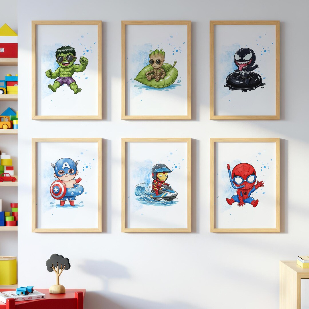 Chibi Superhero Pool Wall Art, Cute Heros Nursery Decor, Baby Avengers ...