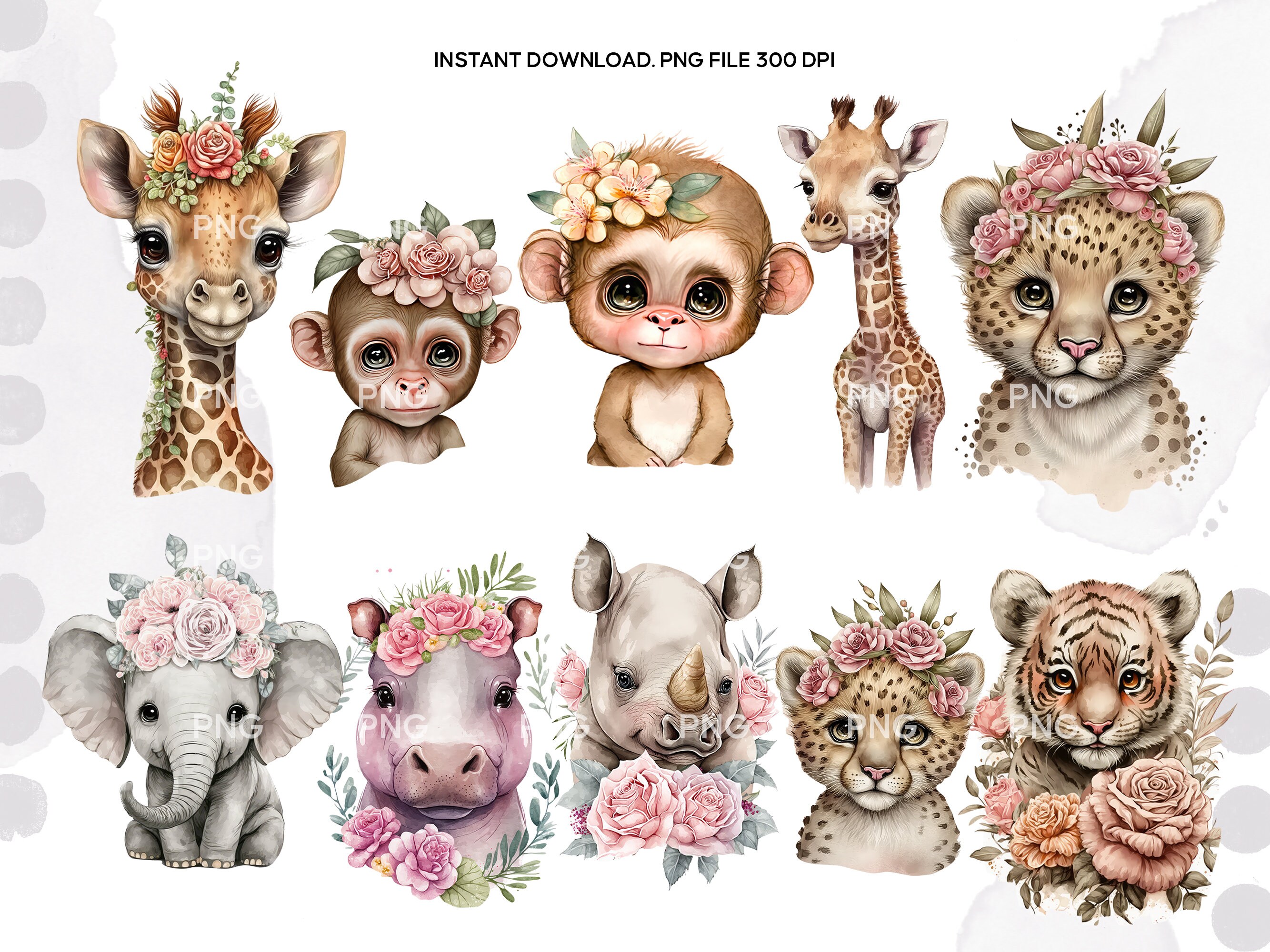 Watercolour Baby Safari Animals Clipart African Animals PNG Digital ...