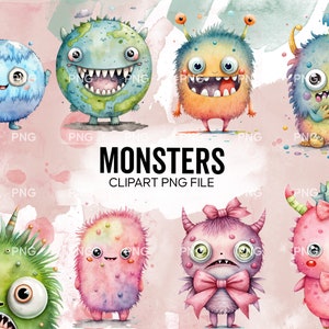 9 Cute Little MONSTER Clipart With Watercolor Illustration BA131 - Etsy