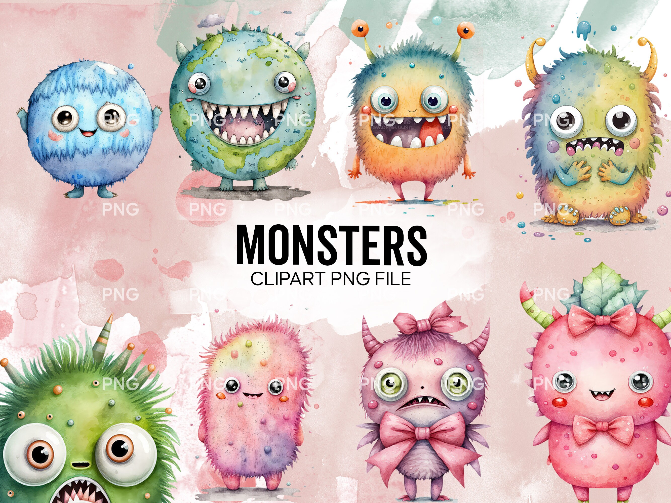 9 Cute Little MONSTER Clipart With Watercolor Illustration BA131 - Etsy