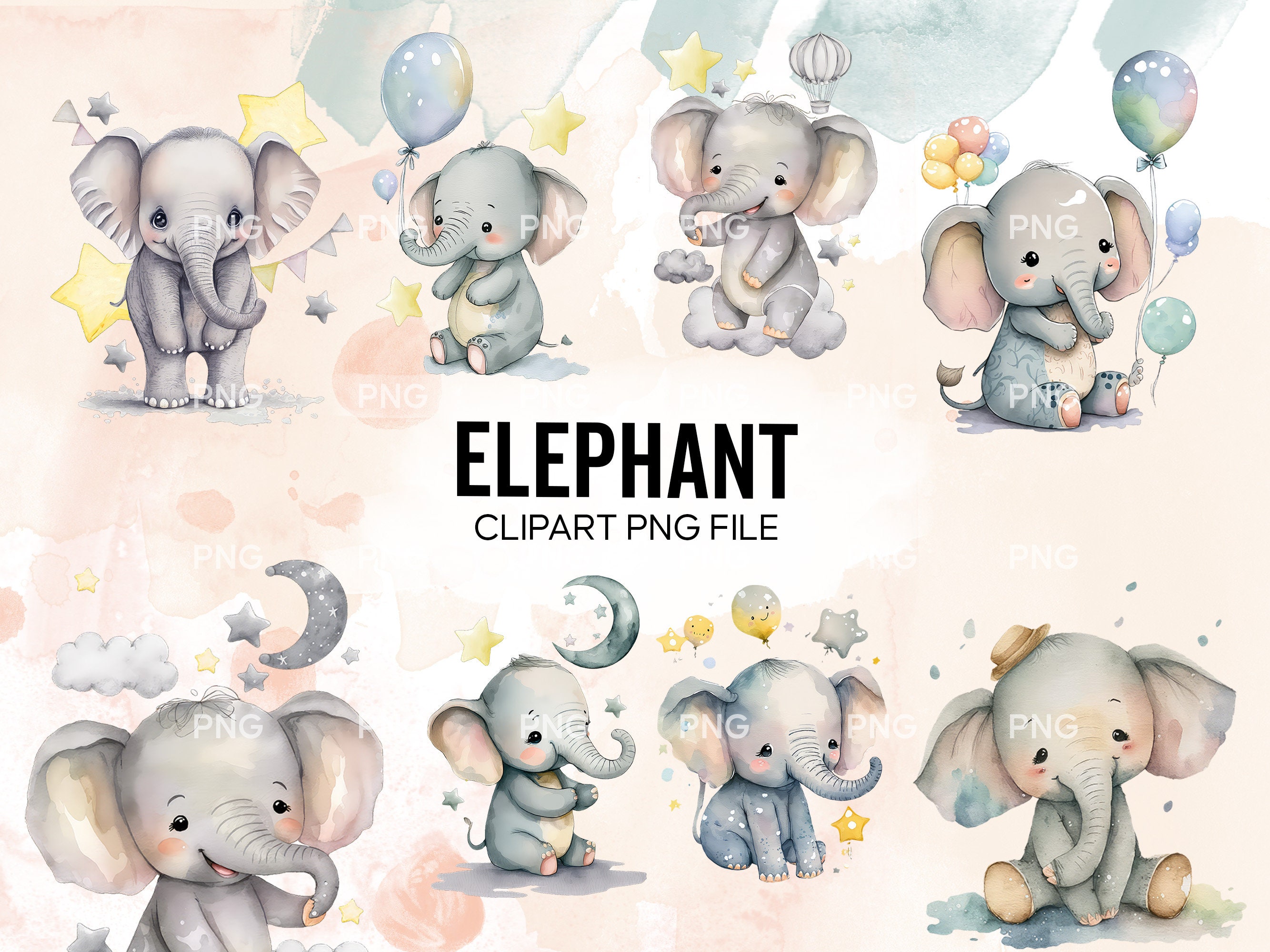 Watercolour Baby Elephant Clipart Safari Animal PNG Digital Image ...