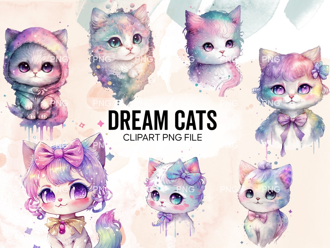 7 Watercolor Dream Cats Clipart, Fantasy Clipart, Dreamers, Instant ...