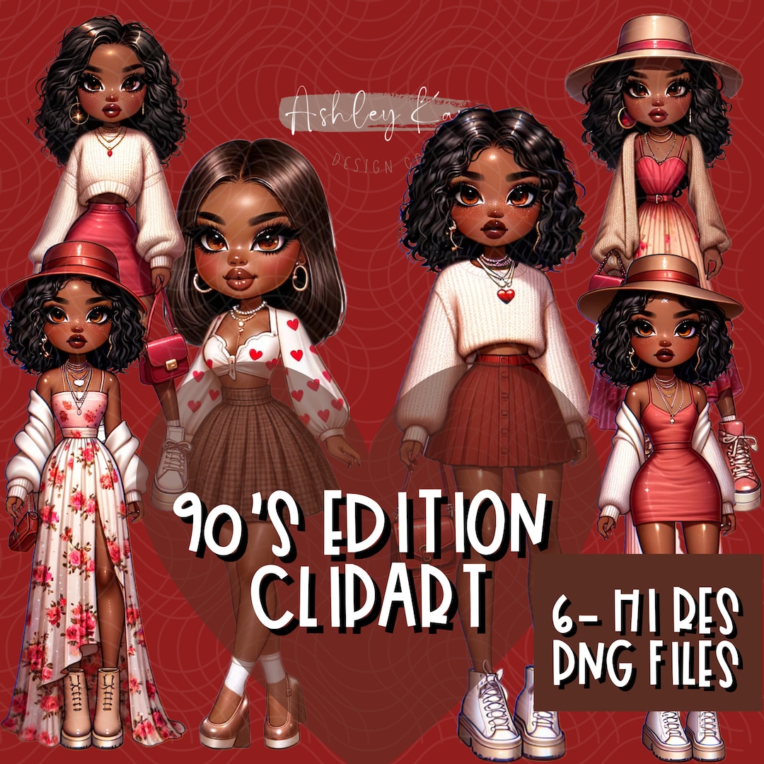 90's Edition African American Woman Chibi Style- 90's Edition PNG Set ...