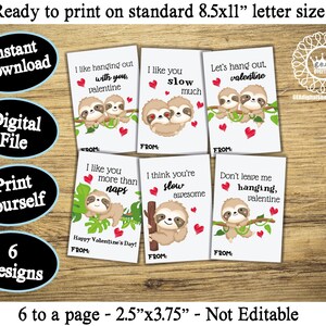 Sloth Valentine Cards DIGITAL FILES Printable School Valentines ...