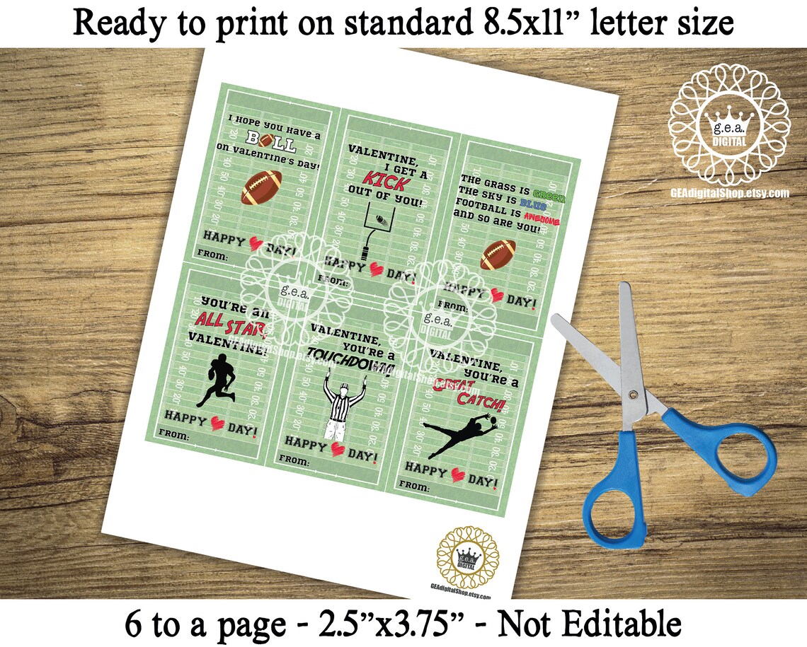 Printable Football Valentine Cards DIGITAL FILES Sports Kid Valentines ...