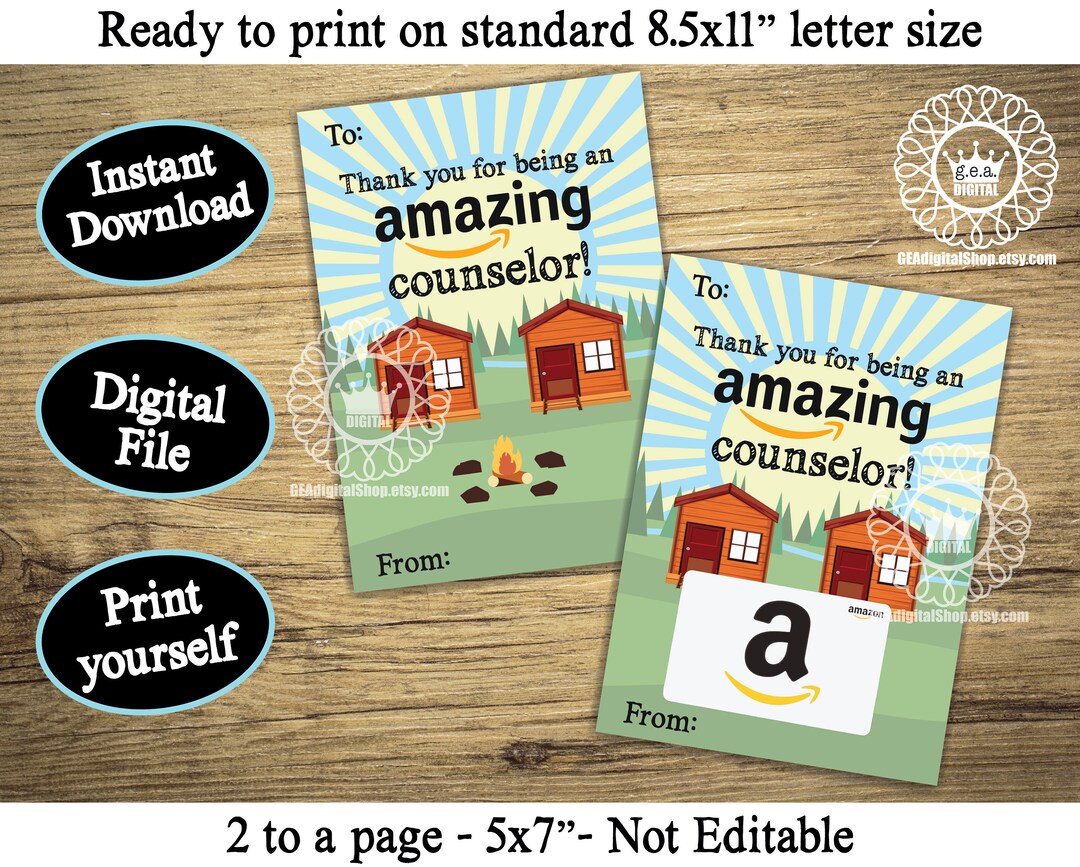 PRINTABLE Counselor Gift Card Holder Amazon Summer Camp Thank You Tag ...