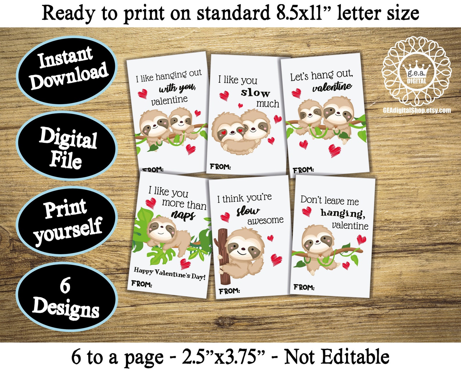 Sloth Valentine Cards DIGITAL FILES Printable School Valentines ...