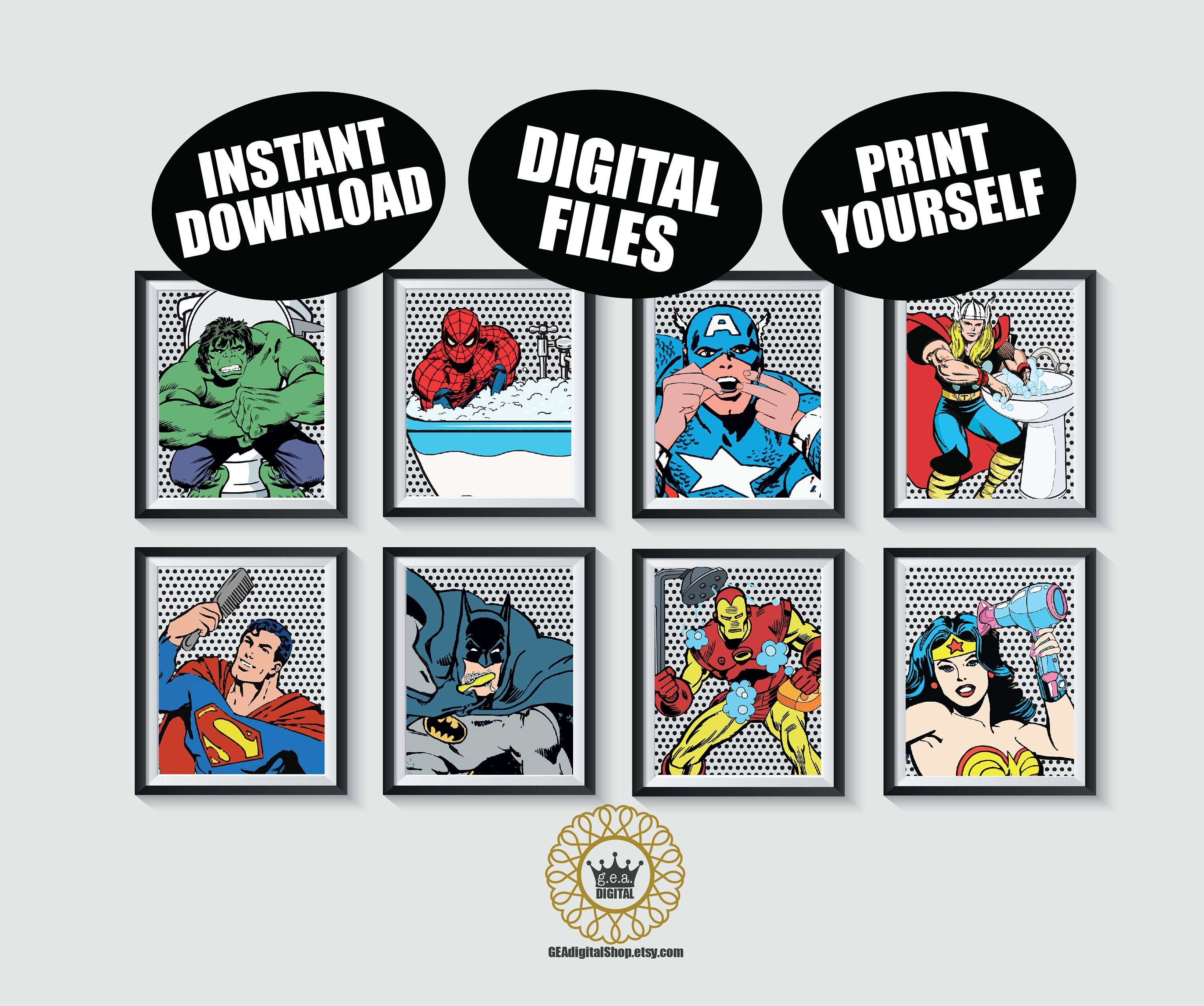 Retro Superhero Bathroom DIGITAL FILES Qty 8 Wall Art Decor - Etsy