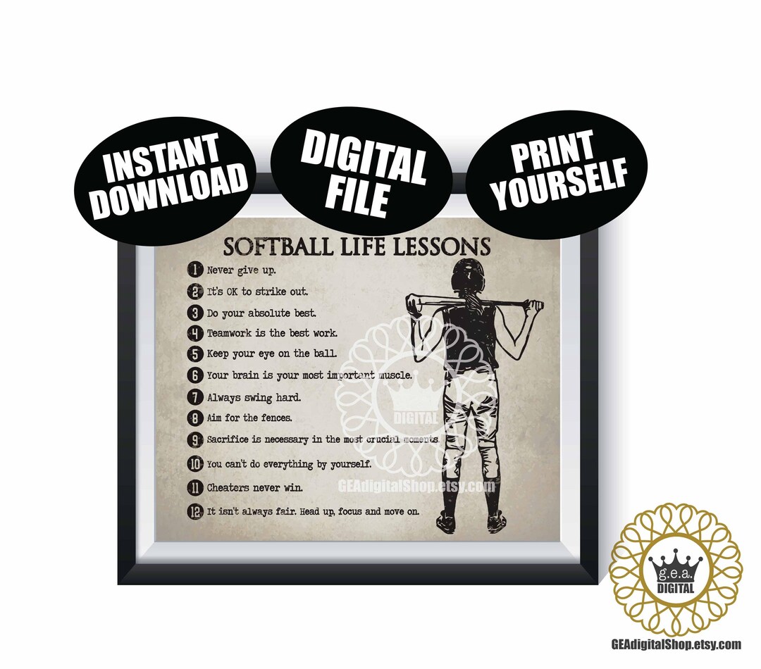 Softball Life Lessons DIGITAL FILES Girls Softball Poster Softball Team ...