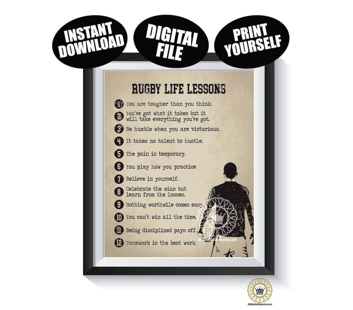 Rugby Life Lessons DIGITAL FILE Motivational Sports Poster Team Gift ...