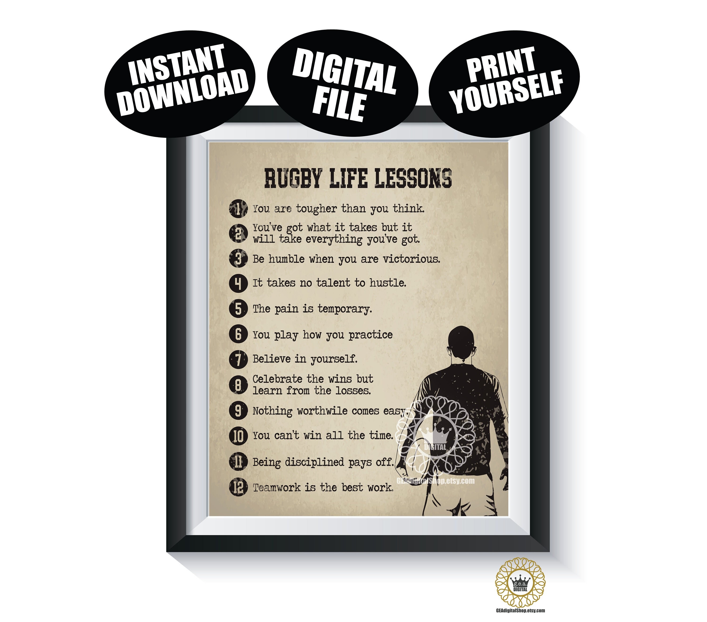 Rugby Life Lessons DIGITAL FILE Motivational Sports Poster Team Gift ...