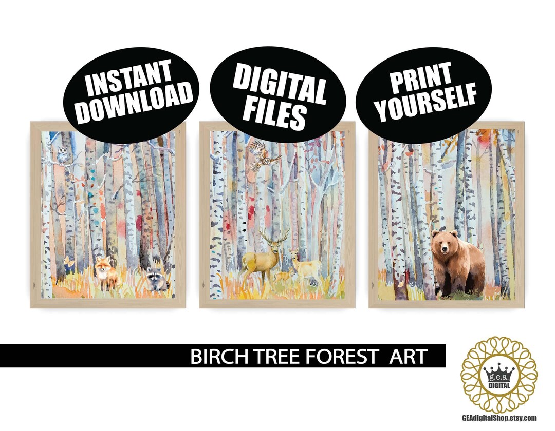Birch Tree Animal Nursery Decor DIGITAL FILES, Sunset Forest Animal ...