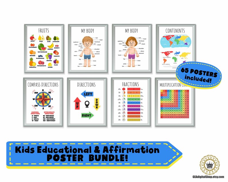 Set of 65 Homeschool Learning Posters, Montessori Kids Educational ...
