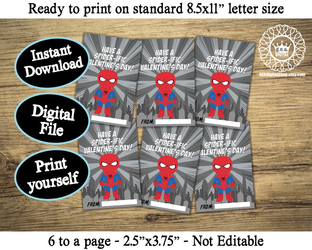 Spider-man Valentine Cards DIGITAL FILES Printable School Valentines ...