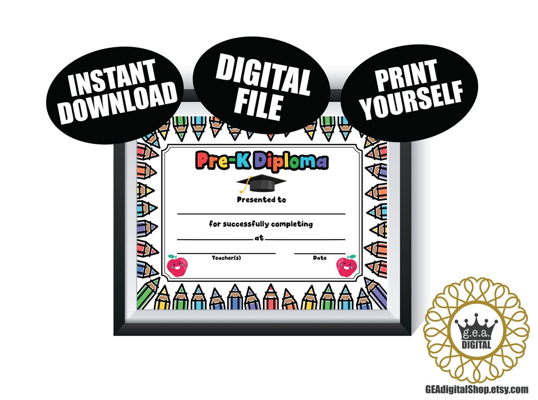 Pre-k Diploma Prek Graduation DIGITAL FILE Graduate Girl Boy Nursery ...