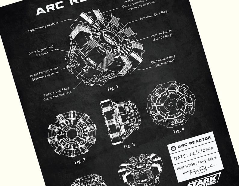 Arc Reactor Blueprint Poster, Arc Reactor Chalkboard Art Print, Iron ...