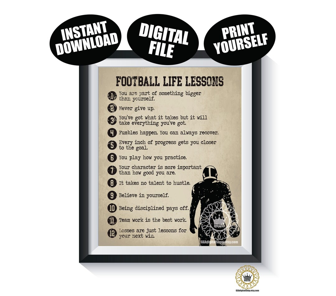 Football Life Lessons DIGITAL FILE Motivational Sports Poster Team Gift ...