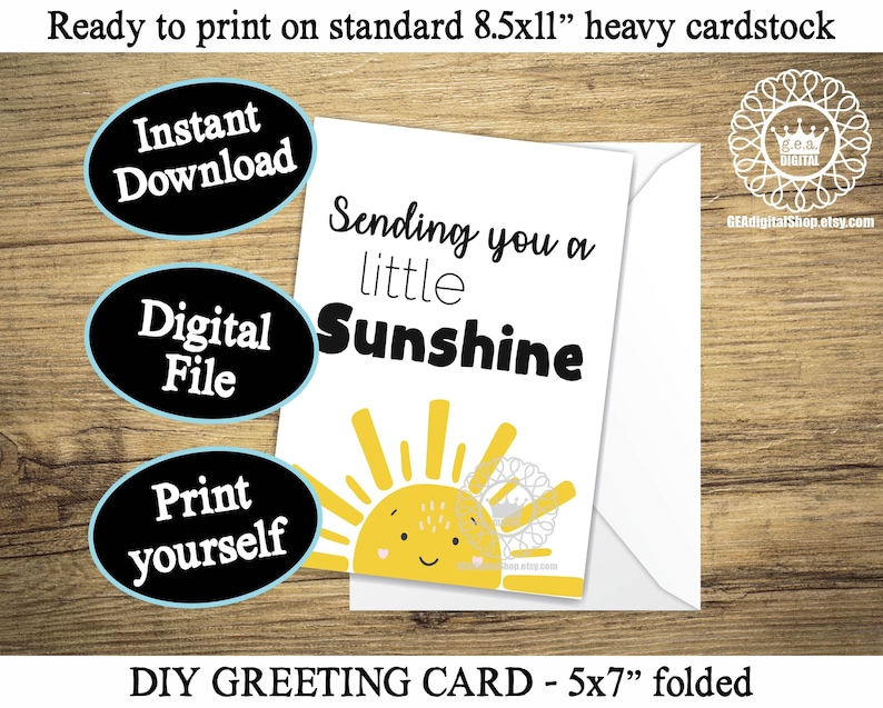 Sending Sunshine Card PRINTABLE, Thinking of You Card, Encouragement ...