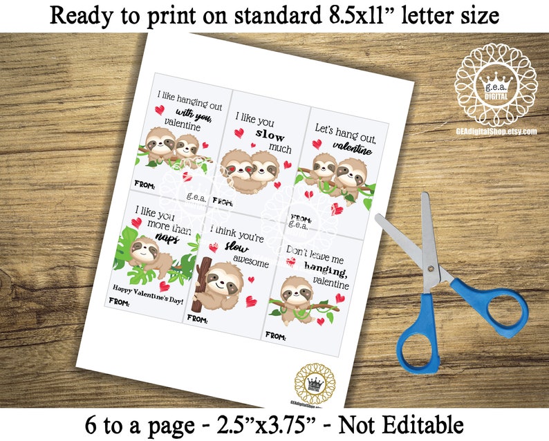 Sloth Valentine Cards DIGITAL FILES Printable School Valentines ...