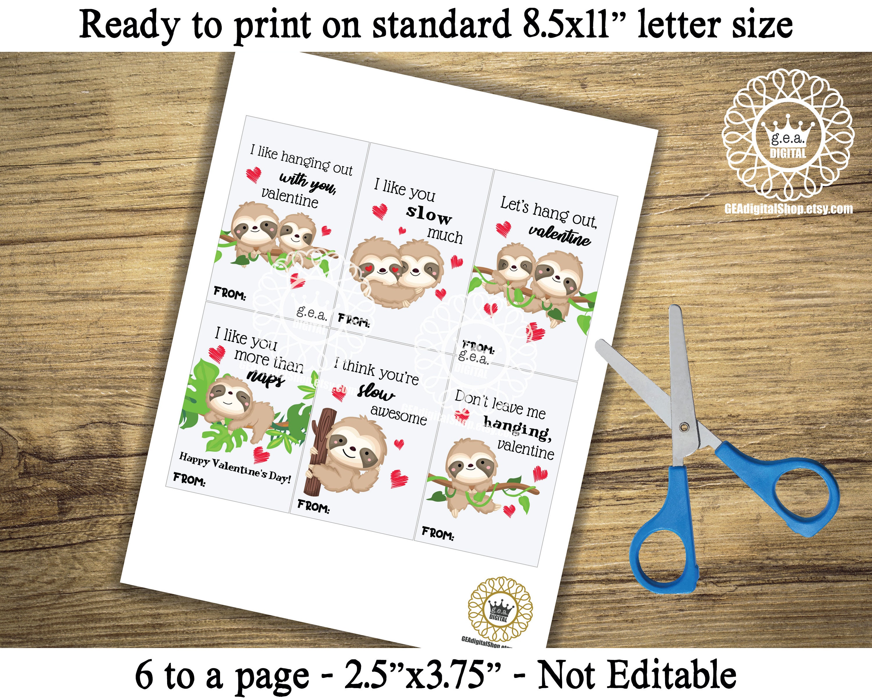 Sloth Valentine Cards DIGITAL FILES Printable School Valentines ...