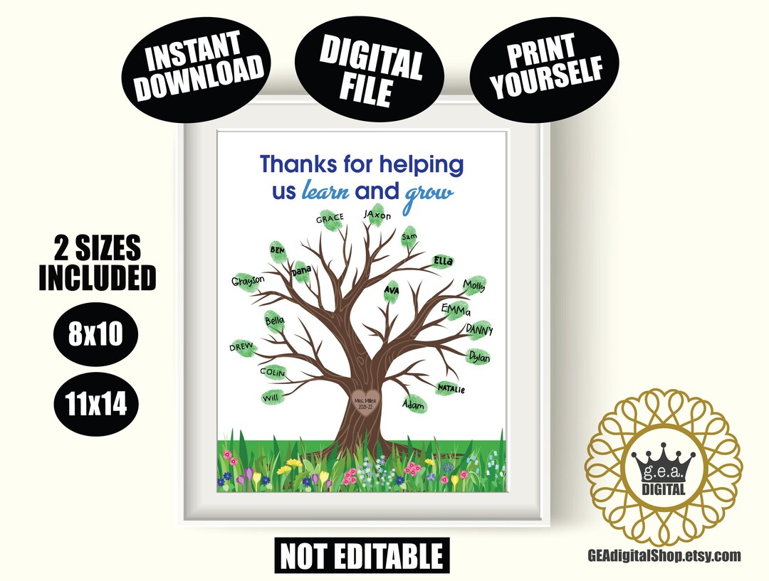 End of Year Teacher Gift Fingerprint Tree Unique Class Appreciation ...