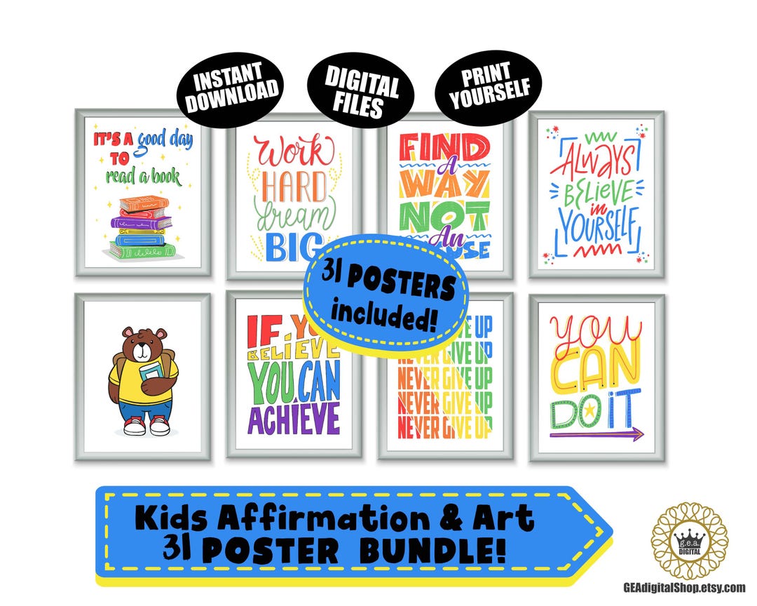 Set of 31 Positive Affirmation Posters, Kids Positive Mindset Art, Kids ...