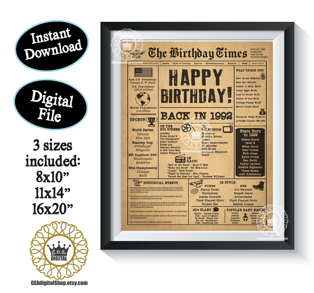 1992 Birthday Newspaper DIGITAL FILE Milestone Posters Present Unique ...