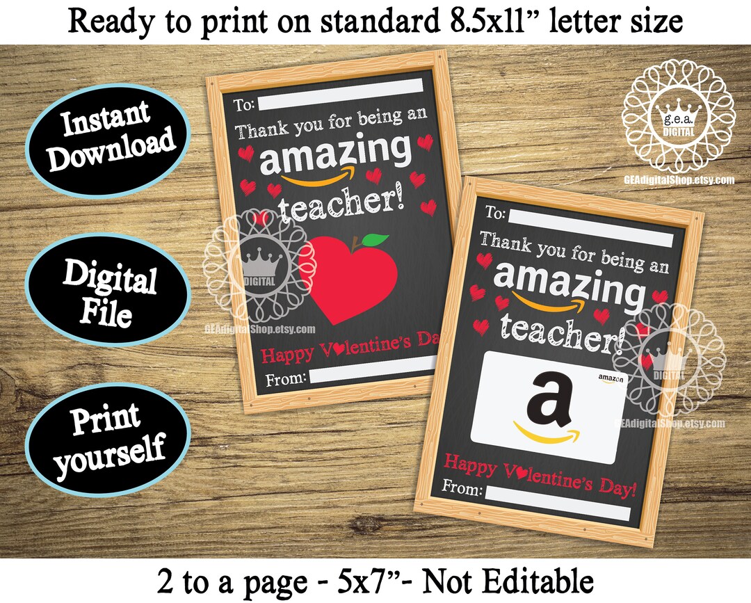 PRINTABLE Valentine Teacher Gift Card Holder Amazon Valentines Day Tag ...