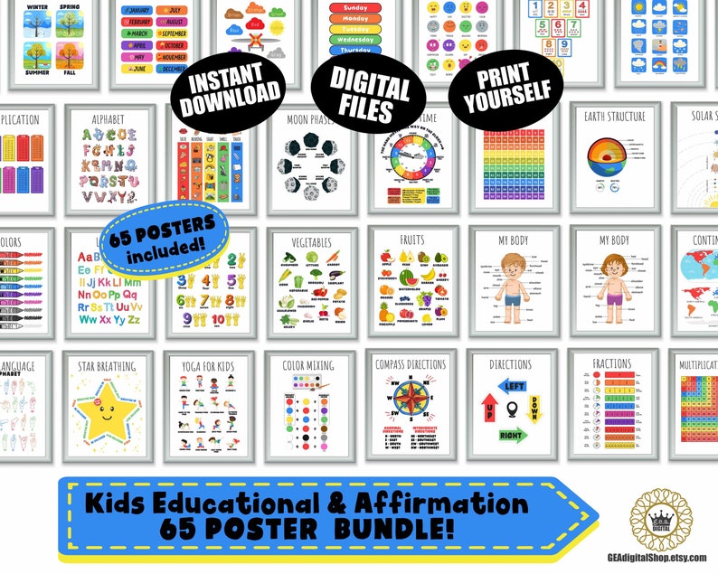 Set of 65 Homeschool Learning Posters, Montessori Kids Educational ...