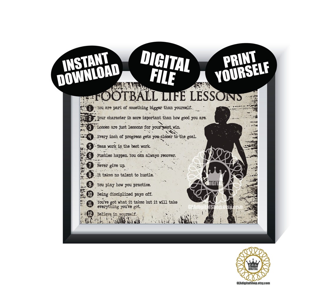 Football Life Lessons DIGITAL FILE Motivational Sports Poster Team Gift ...
