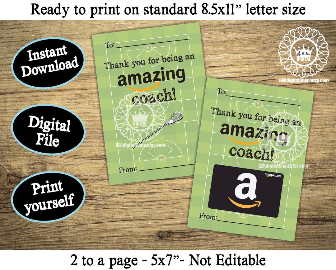 PRINTABLE Lacrosse Coach Gift Card Holder Amazon Thank You Tag Present ...