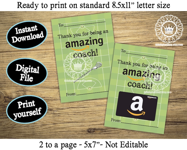 PRINTABLE Lacrosse Coach Gift Card Holder Amazon Thank You Tag Present ...