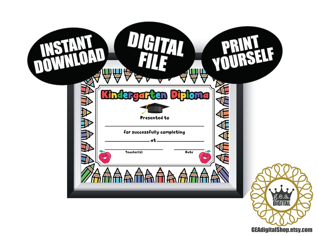 Kindergarten Graduation Diploma DIGITAL FILE Graduate Girl Boy Nursery ...