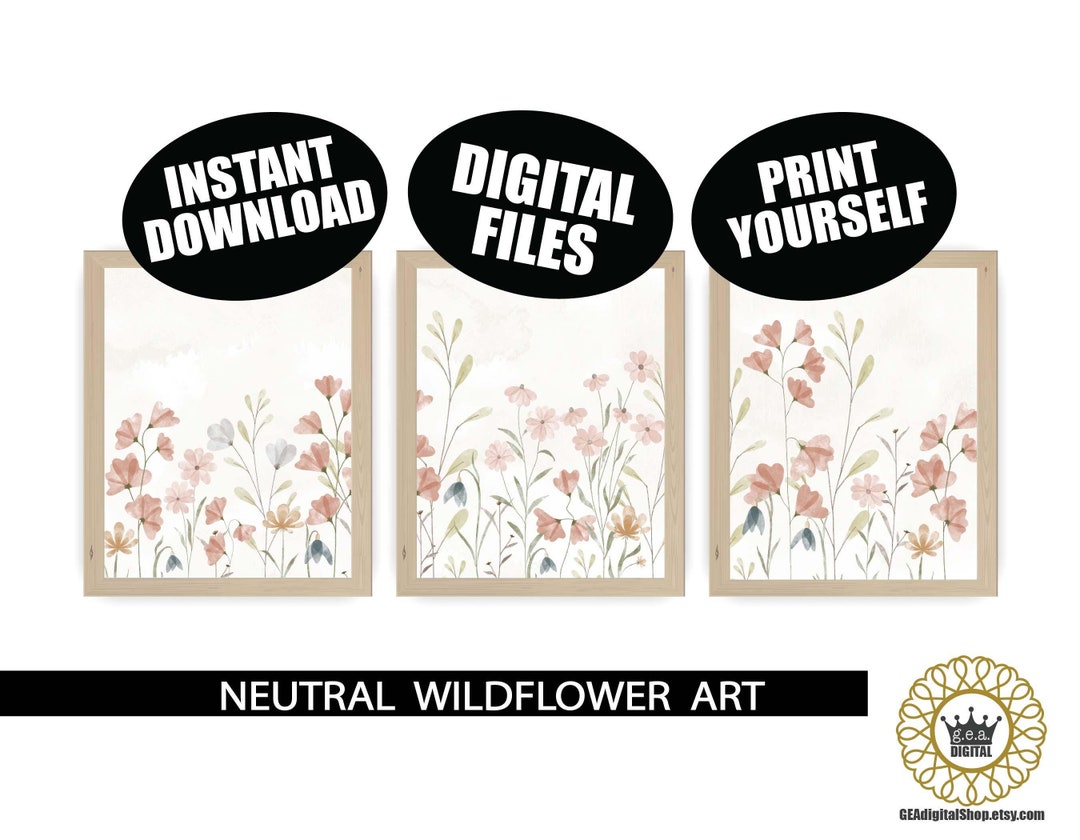 Neutral Wildflowers Art DIGITAL FILES, Set of 3 Boho Wildflowers Art ...