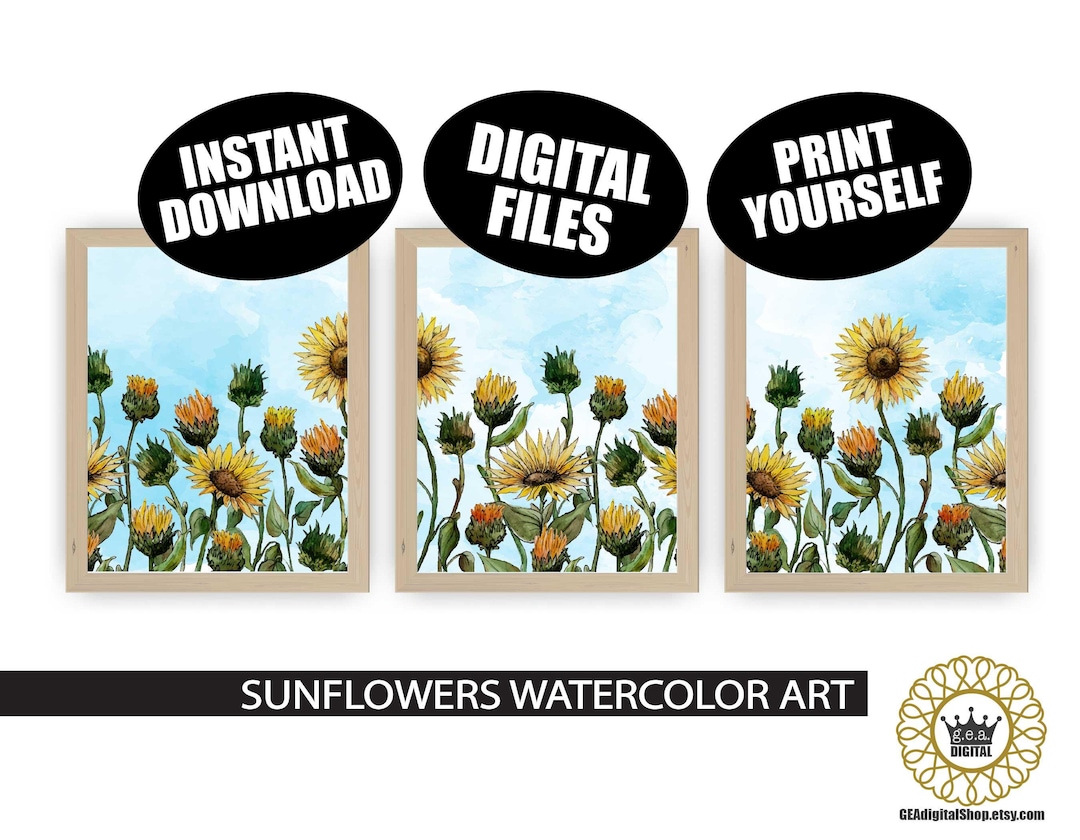 Sunflowers Watercolor Art DIGITAL FILES, Set of 3 Sunflower Field Art ...