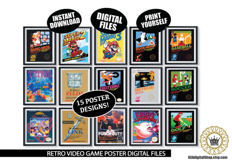 Retro Video Game Posters DIGITAL FILES Qty 15 Vintage Game Room Wall ...