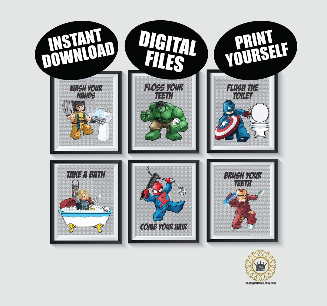 Superhero Bathroom DIGITAL FILES Qty 6 Boys Wall Decor Kids Home Art ...